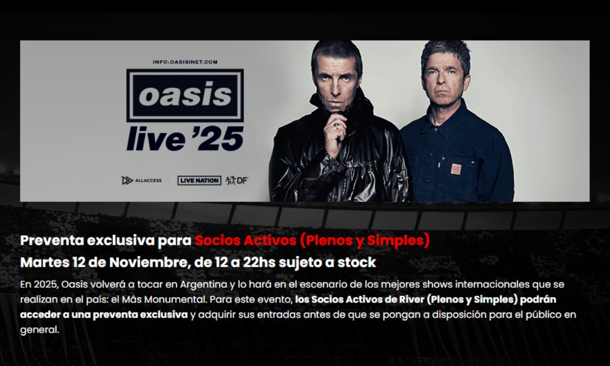 Oasis en Argentina: preventa exclusiva para socios de River