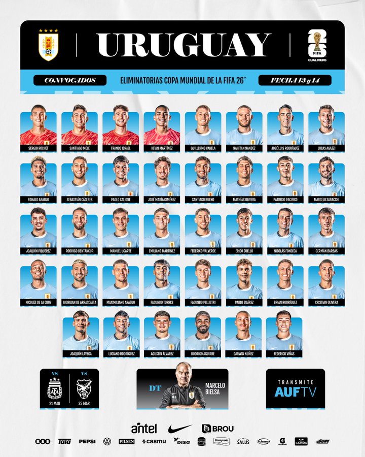 Convocados de Uruguay hoy: lista oficial vs Argentina y Bolivia